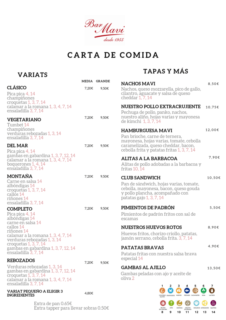 Bar Mavi – Menú | variats | pa amb oli | a ca vostra