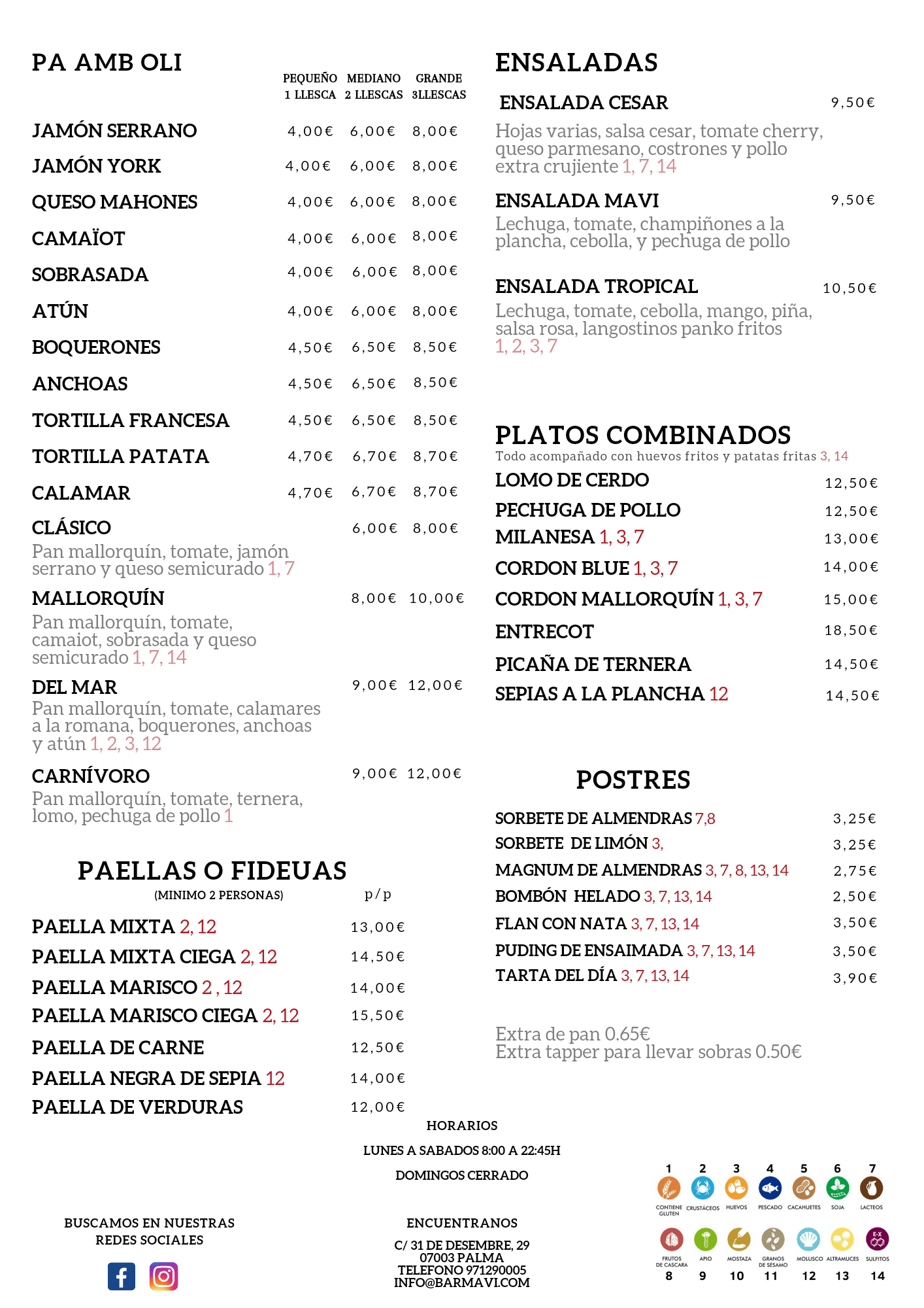 Bar Mavi – Menú | variats | pa amb oli | a ca vostra