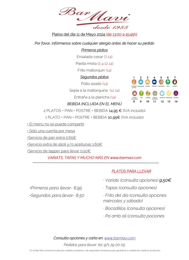 Bar Mavi – Menú | variats | pa amb oli | a ca vostra