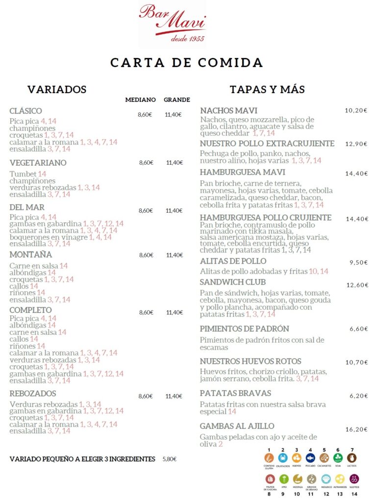 Bar Mavi – Menú | variats | pa amb oli | a ca vostra