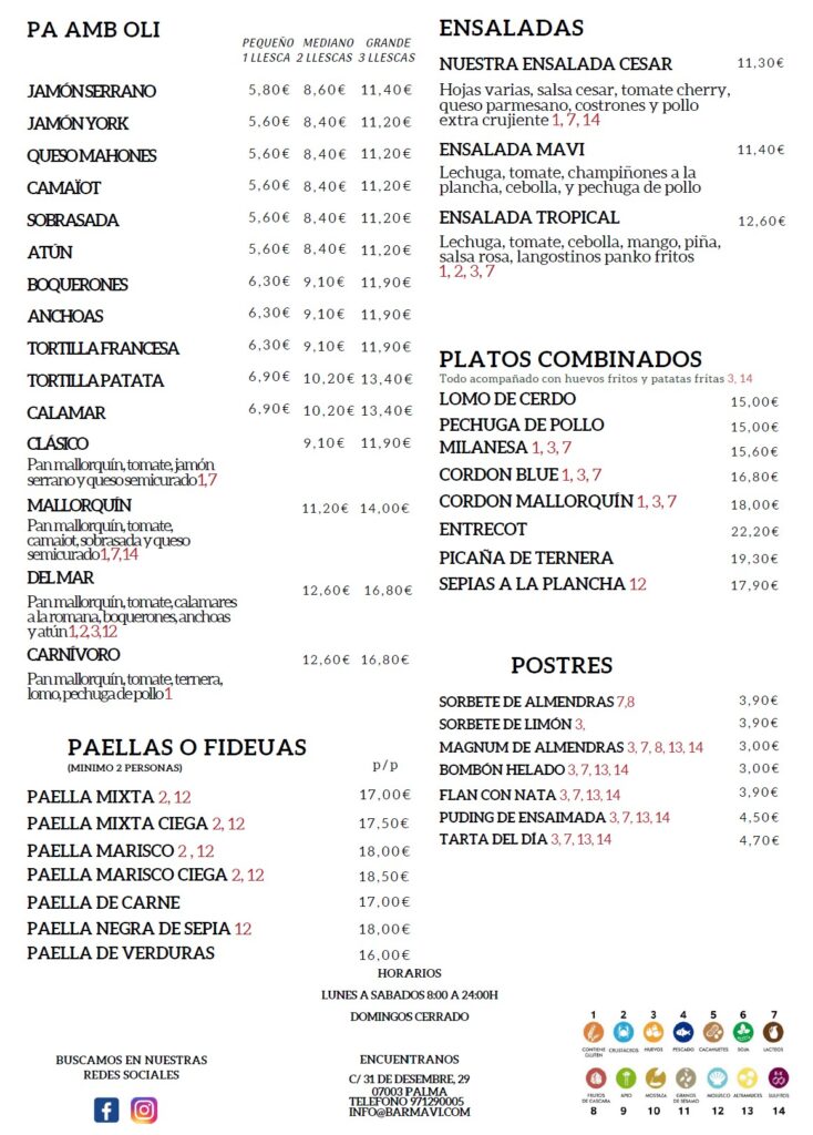 Bar Mavi – Menú | variats | pa amb oli | a ca vostra